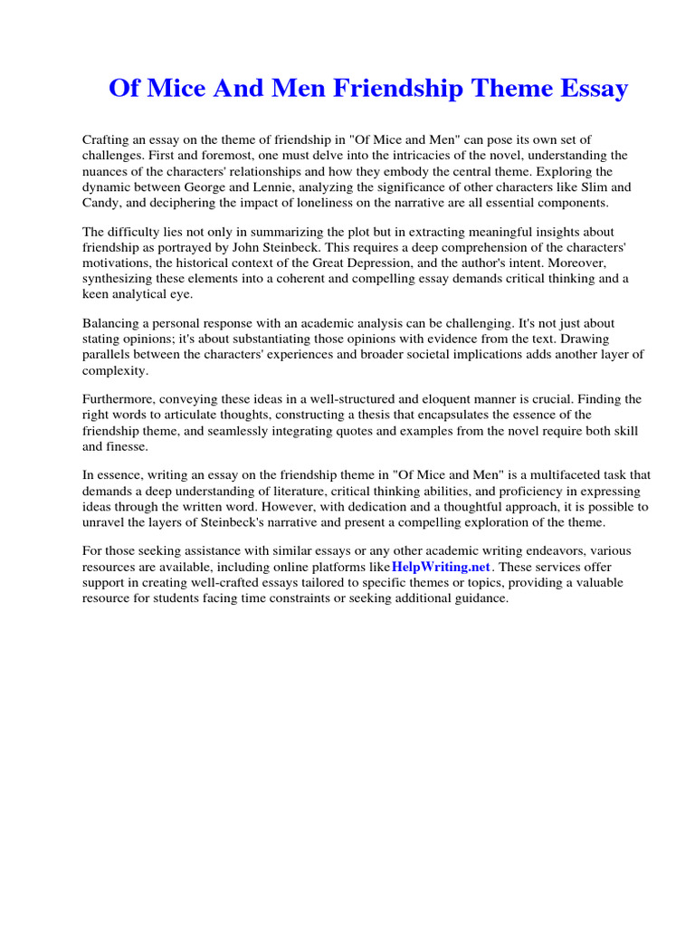 Of Mice and Men Friendship Theme Essay | PDF | Essays | Narrative