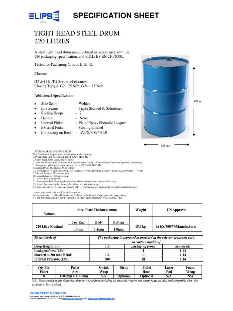 220 L TIGHT HEAD STEEL DRUM SPECIFICATIONS ELIPSE A Grate 1 | PDF ...