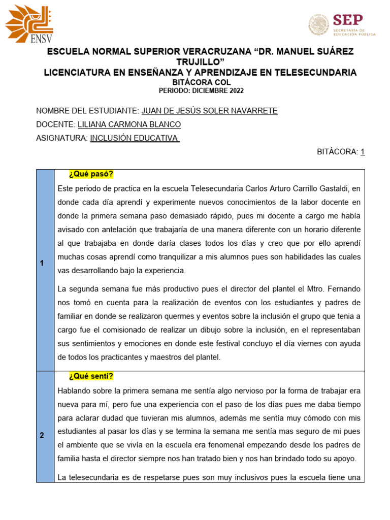bitacora de col_Juan_de_Jesús_Soler_Navarrete | PDF | Enseñando ...