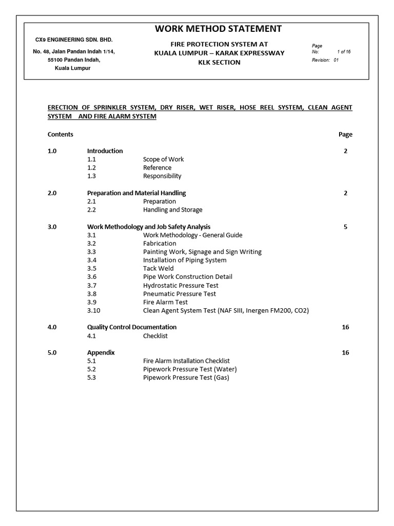 FF Method Statement - CX9 - KLK | PDF | Pipe (Fluid Conveyance) | Leak