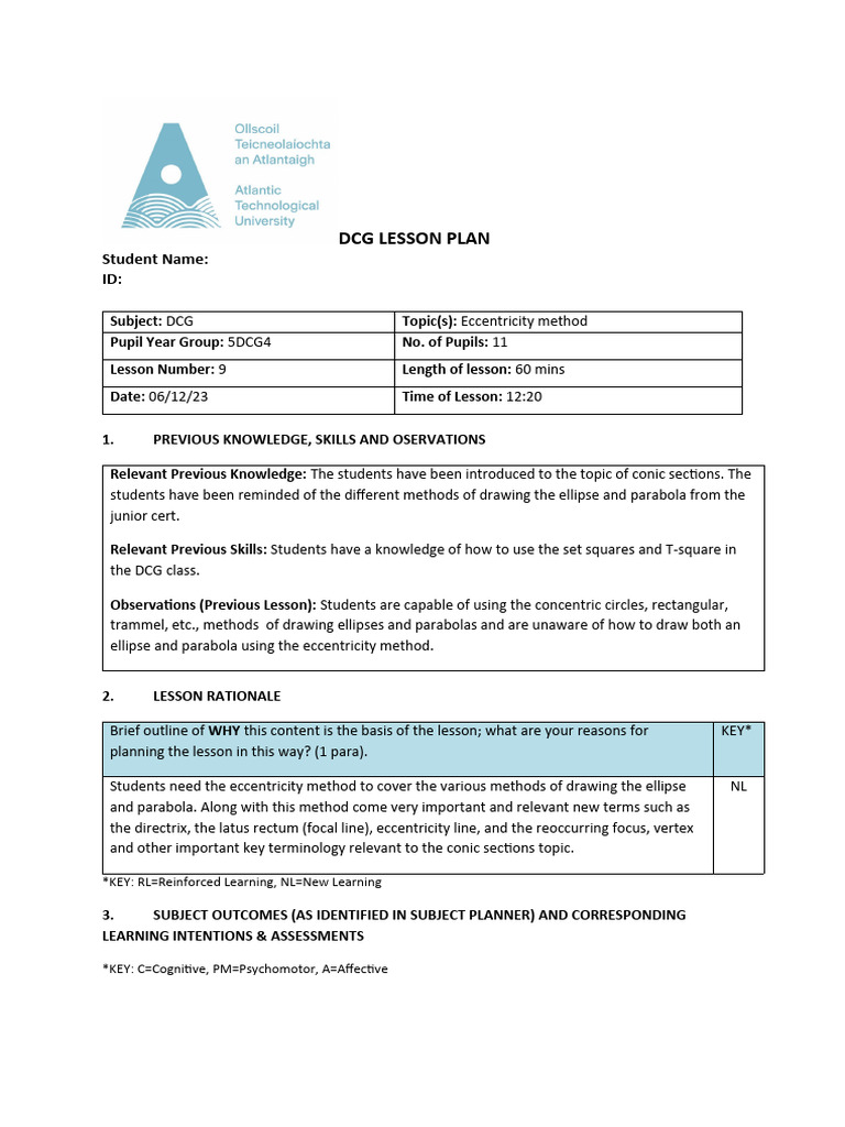 Lesson Plan DCG Ellipses Parabolas Eccentricity | PDF | Ellipse ...