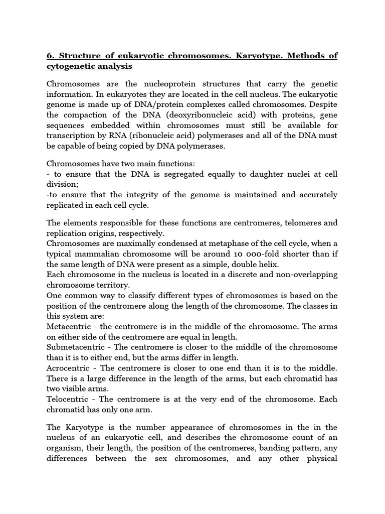 Structure of Eukaryotic Chromosomes. Karyotype. Methods of Cytogenetic Analysis | PDF ...