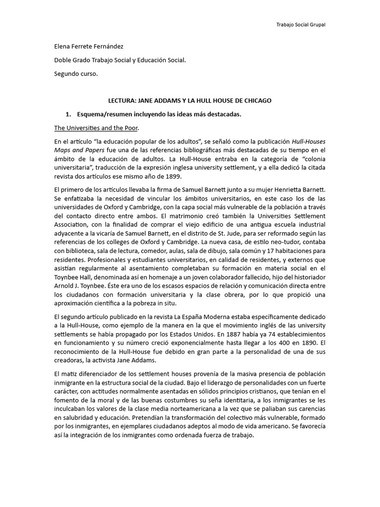 Jane Addams y La Hull House de Chicago | PDF