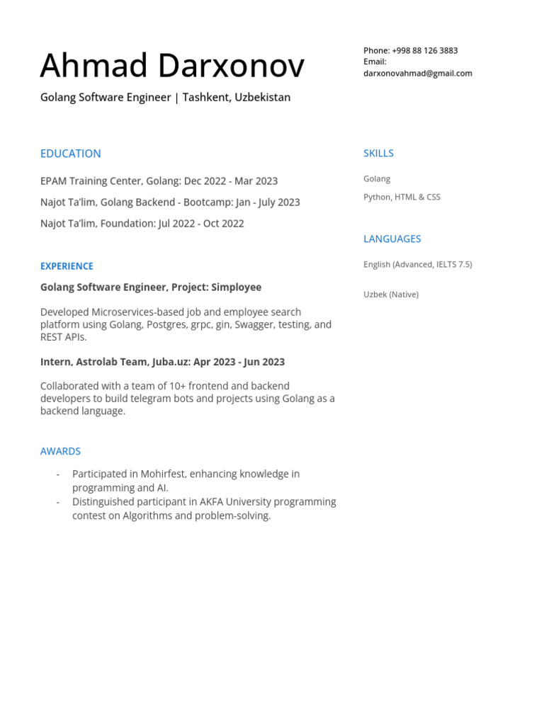 Ahmad Darxonov: Golang Software Engineer - Tashkent, Uzbekistan | PDF