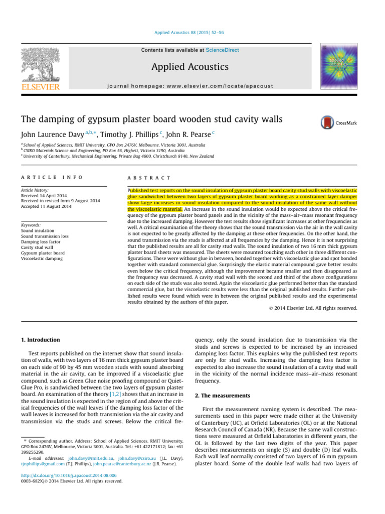2015 - The Damping of Gypsum Plaster Board Wooden Stud Cavity Walls ...