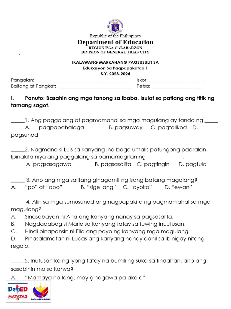GRADE 1 - EsP - 2nd Q - Test 1 | PDF