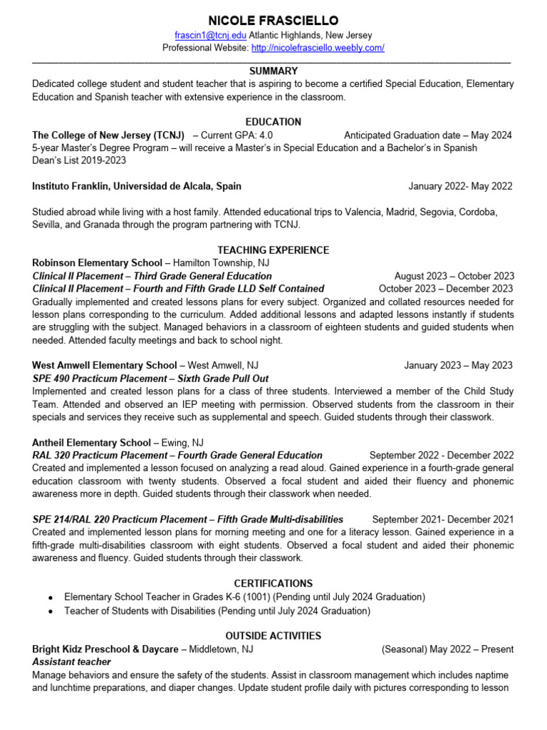 Resume - Nicole Frasciello | PDF | Behavior Modification | Learning