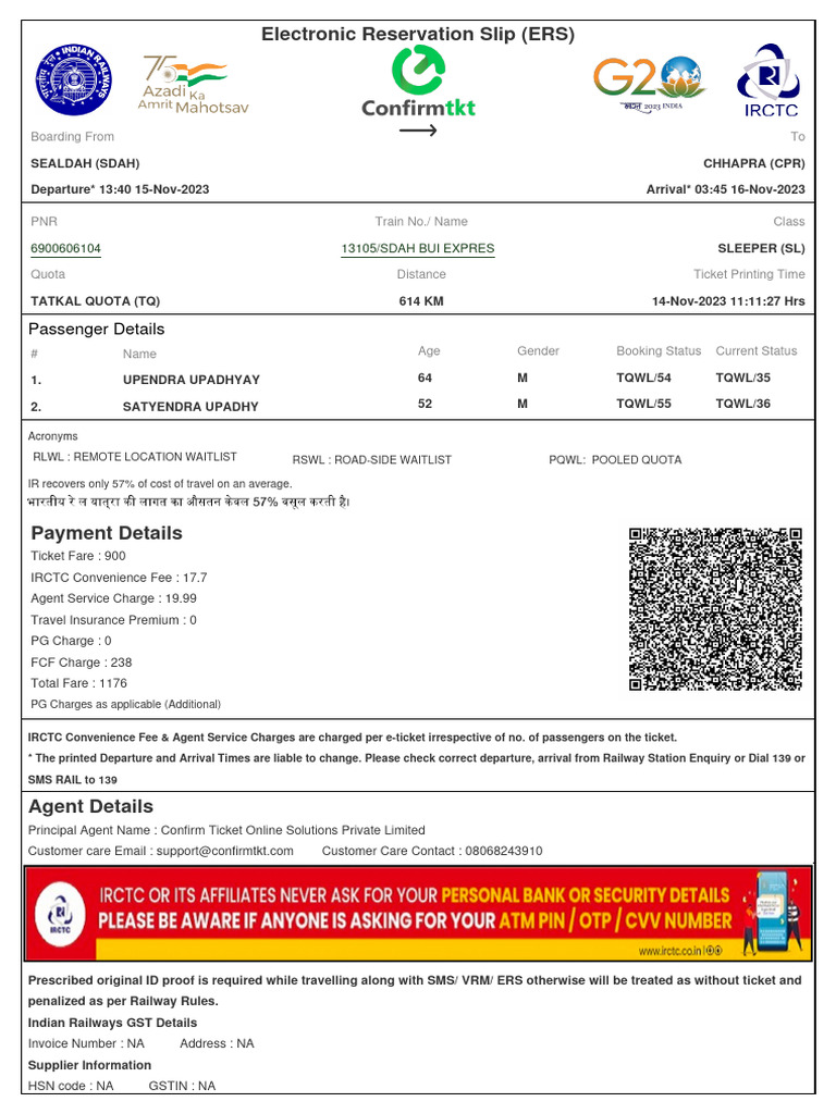 Electronic Reservation Slip (ERS) : Passenger Details | PDF | Identity ...