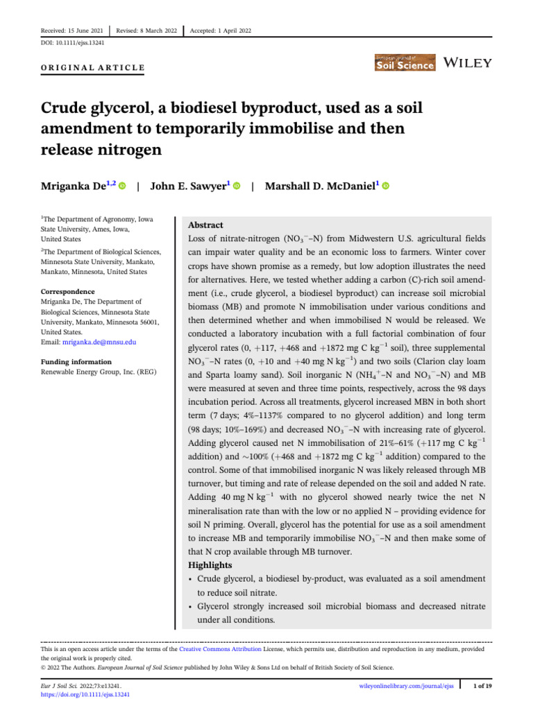 European J Soil Science - 2022 - de - Crude Glycerol A Biodiesel Byproduct Used As A Soil ...