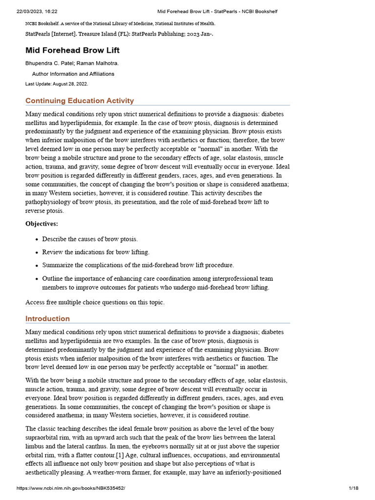 Mid Forehead Brow Lift - StatPearls - NCBI Bookshelf | PDF | Common ...