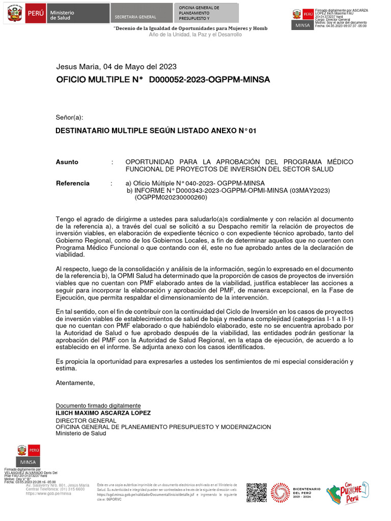 Oficio Multiple 000052 2023 Ogppm Minsa Oportunidad Aprob. PMF | PDF