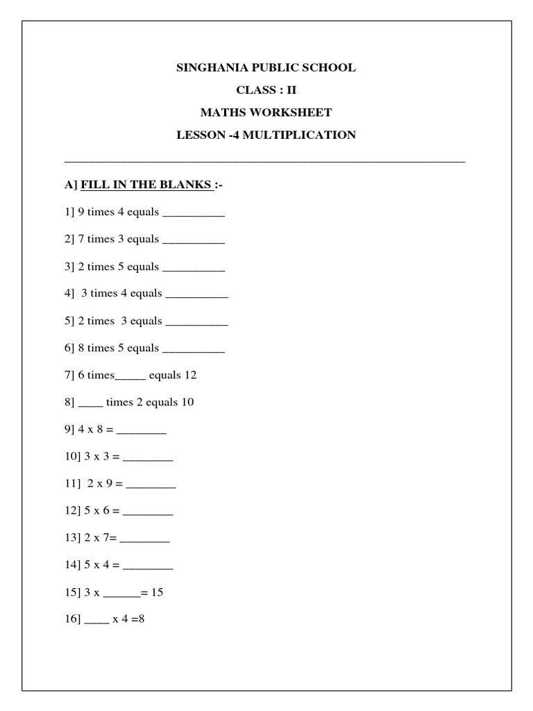 Multiplication Worksheet - Grade-Ii | PDF