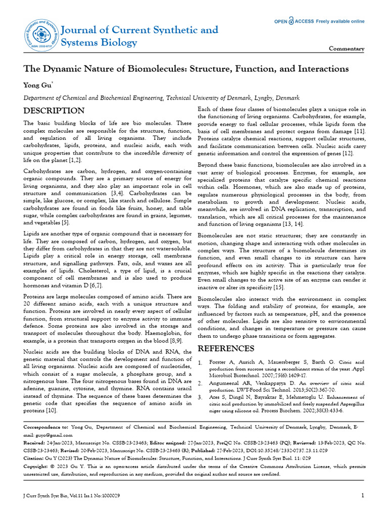 The Dynamic Nature of Biomolecules Structure Function and Interactions | PDF | Biomolecules ...