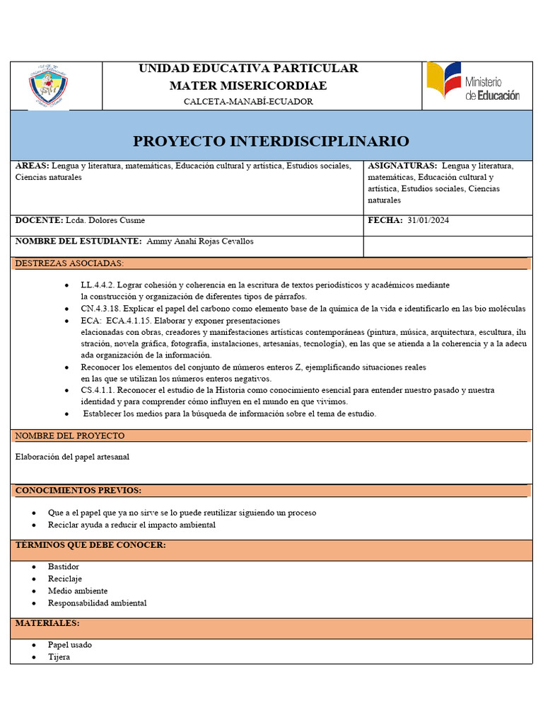 Formato de Proyecto Interdisciplinario de 3ero A 7mo | PDF | Papel ...