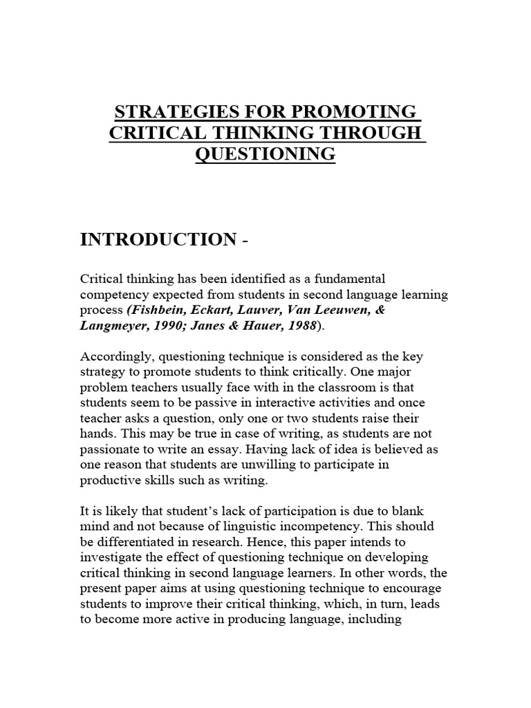 Strategies For Promoting Critical Thinking Through Questioning Pdf