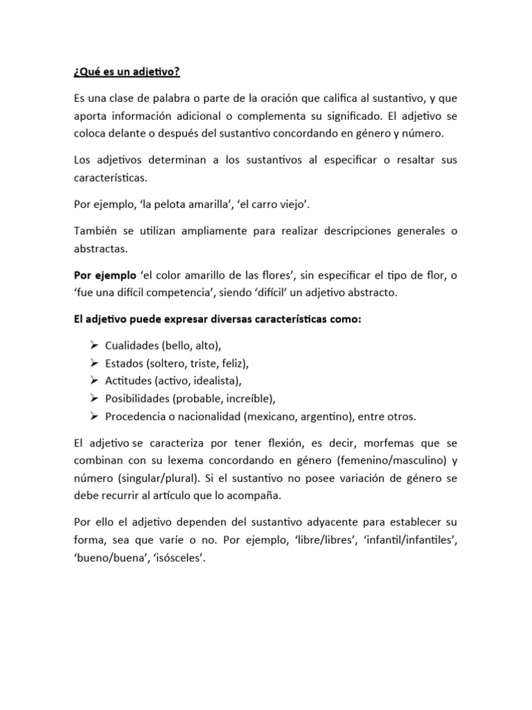 Definición Y Tipos De Adjetivos Pdf Adjetivo Género Gramatical