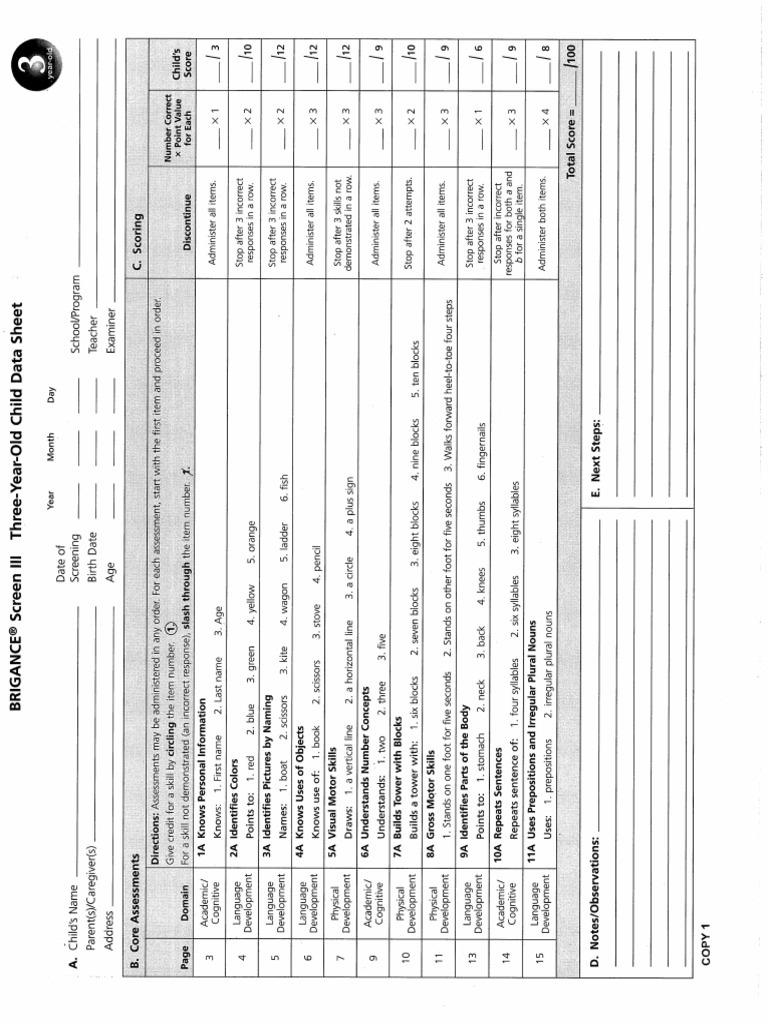 Brigance Scoresheets 3 5 1 | PDF