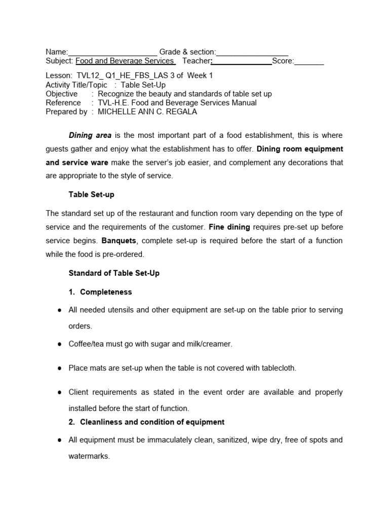 Tvl12 - q1 He Fbs Las-3-Of-week-1 2 | PDF | Restaurants | Tableware Tvl12 - q1 He Fbs Las-3-Of-week-1 2 | PDF | Restaurants | Tableware