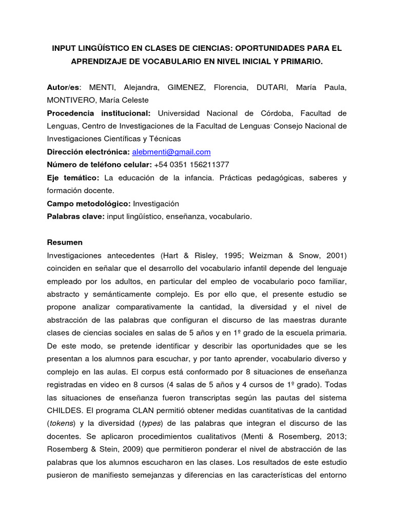 Menti Et Al Sf Input Lingüístico En Clases De Ciencias Pdf Palabra Educación De La 