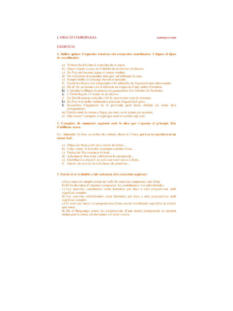 Exercicis Oracions Coordinades | PDF