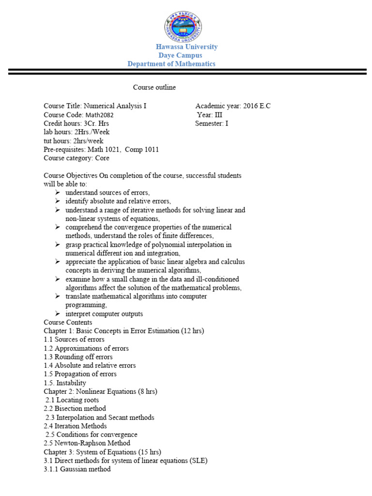 Numerical Analysis I Course Out Line | PDF | Numerical Analysis ...