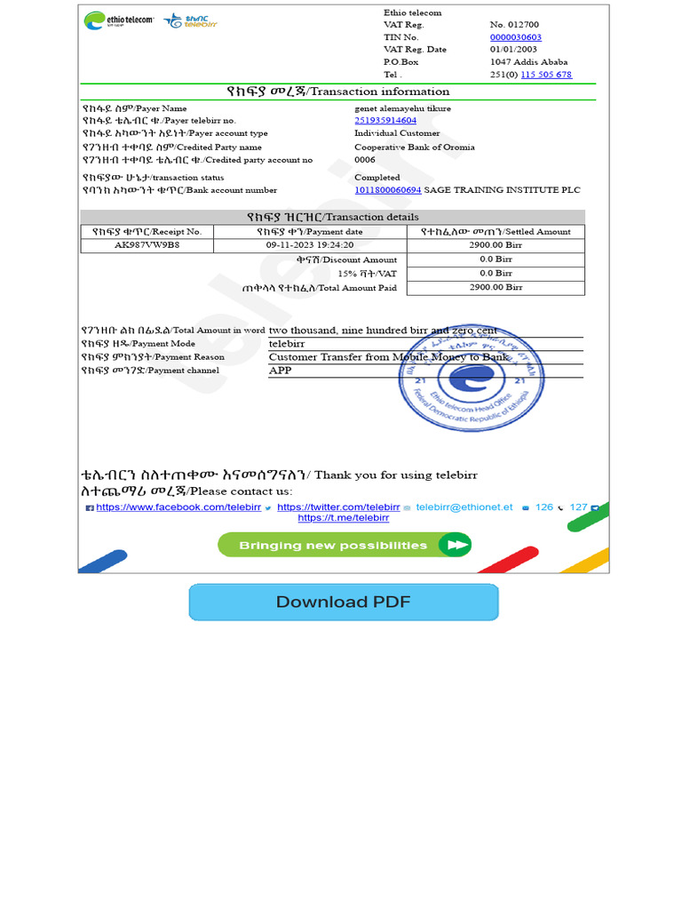 Telebirr Receipt 6 | PDF | Finance & Money Management
