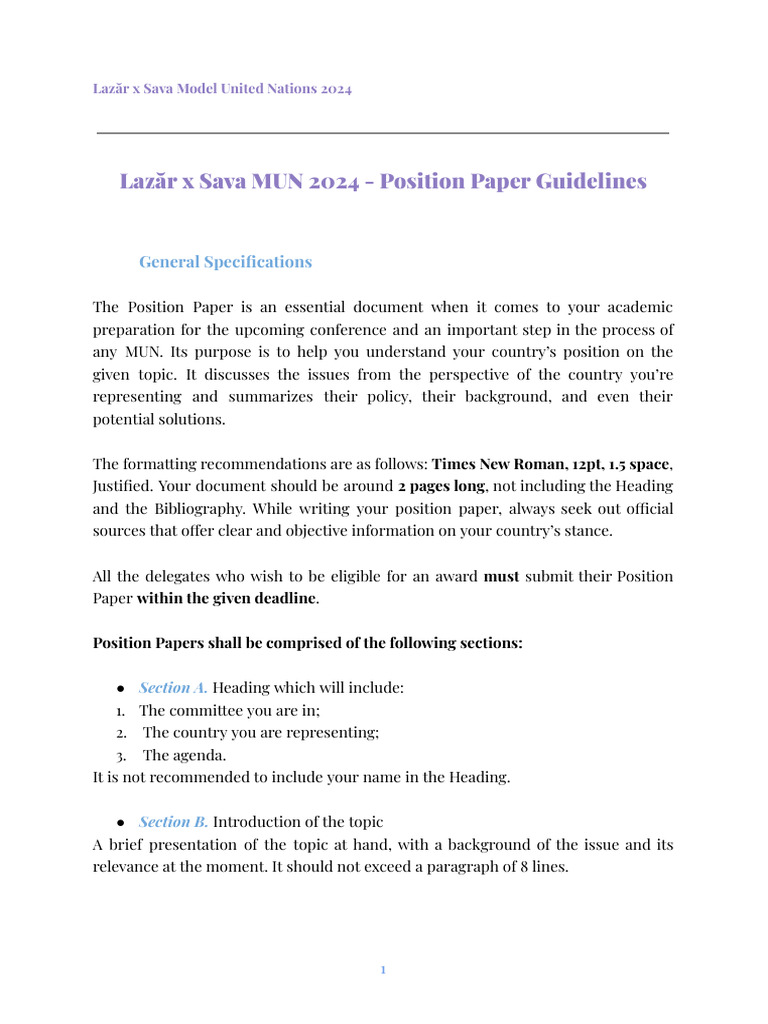 Position Paper Guidelines - Lazăr X Sava MUN 2024 | PDF