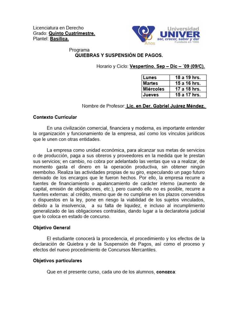 Programa Curso Concurso Mercantil | PDF | Bancarrota | Business