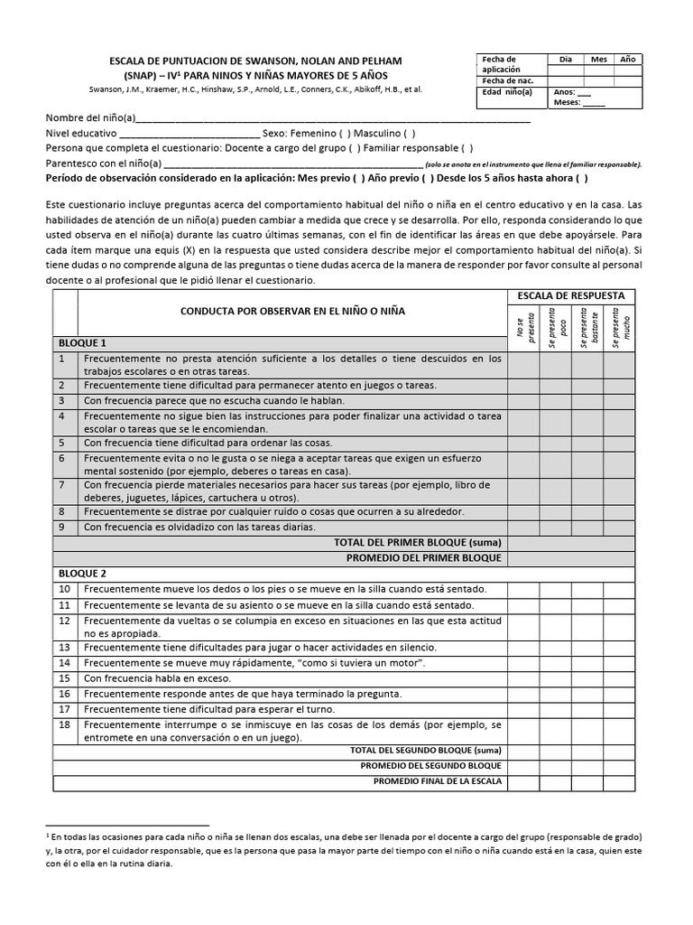 Escala SNAP-IV para Niños Mayores de 5 Años | PDF