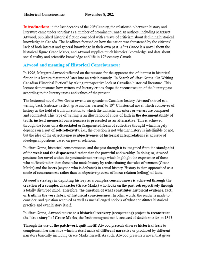 Atwood's Alias Grace: Historical Consciousness | PDF | Knowledge ...