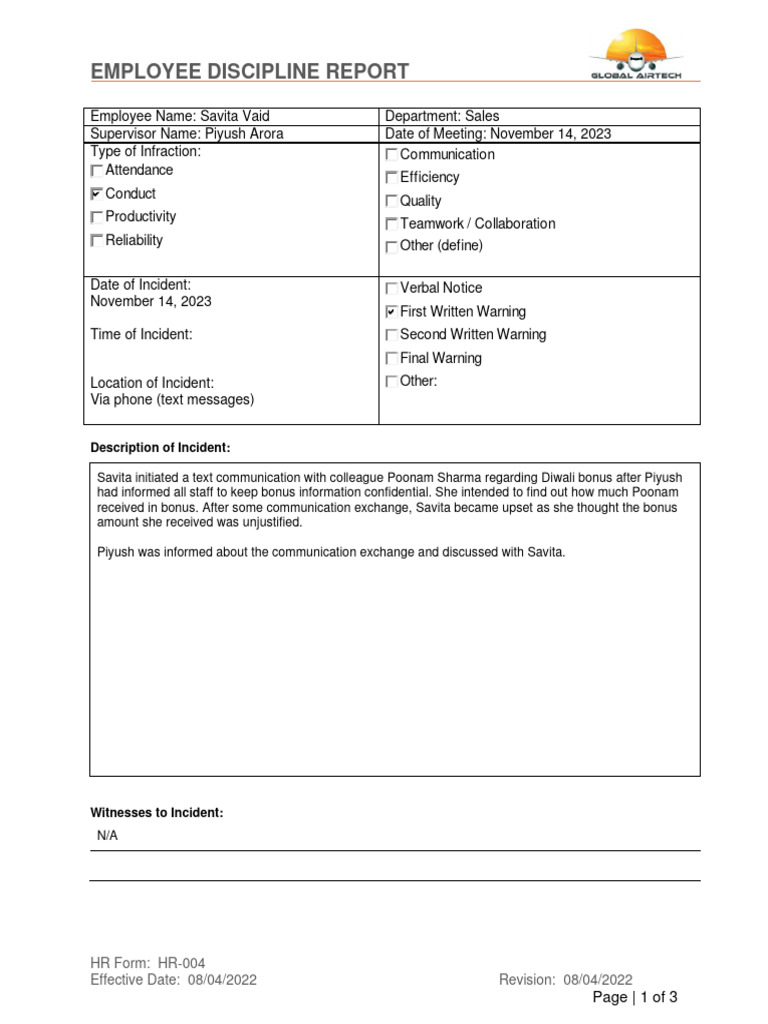 Employee Discipline Report: Attendance Issue | PDF | Communication ...