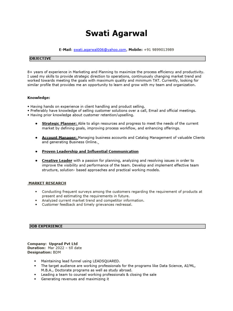 Swati Resume New | PDF | Sales | Marketing