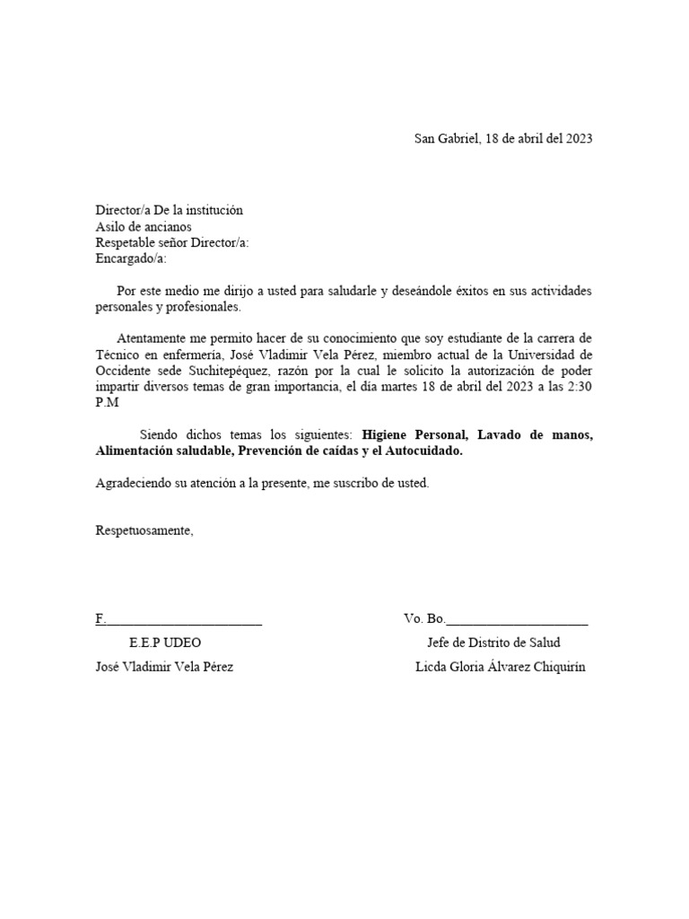Solicitud para impartir temas en asilo | PDF | Salud y bienestar ...