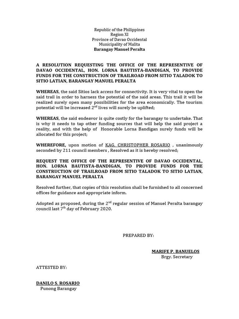Resolution For Brgy. Manuel Peralta | PDF | Social Science