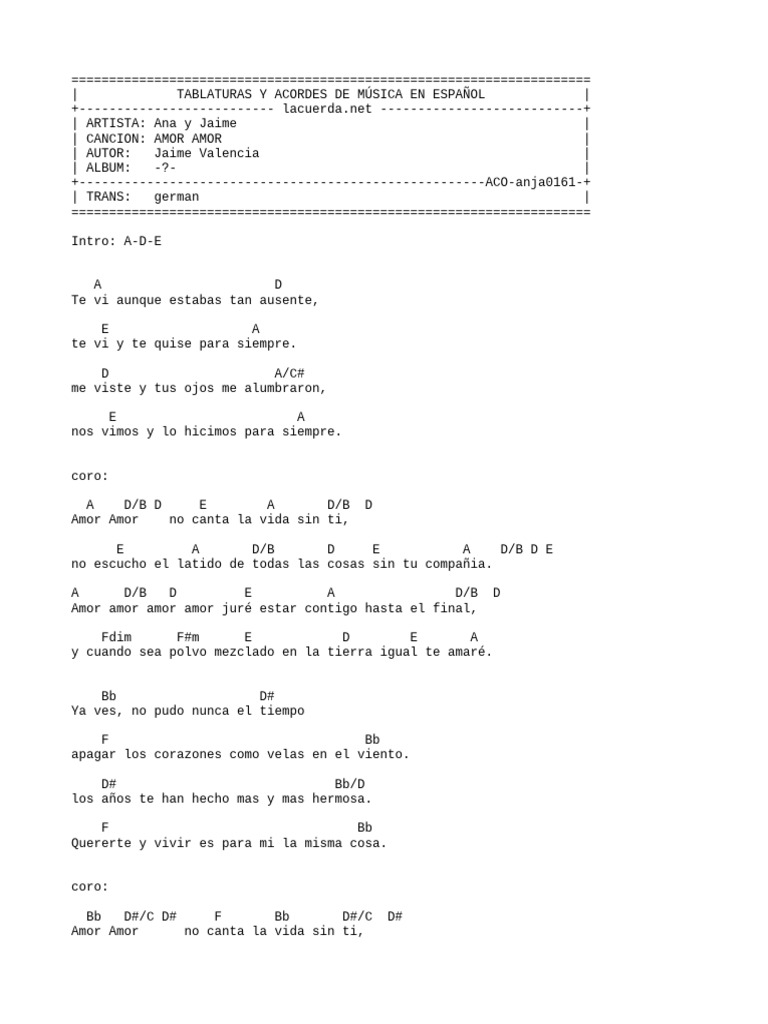 Acordes de "Amor Amor" de Ana y Jaime | PDF | Amor | Música grabada