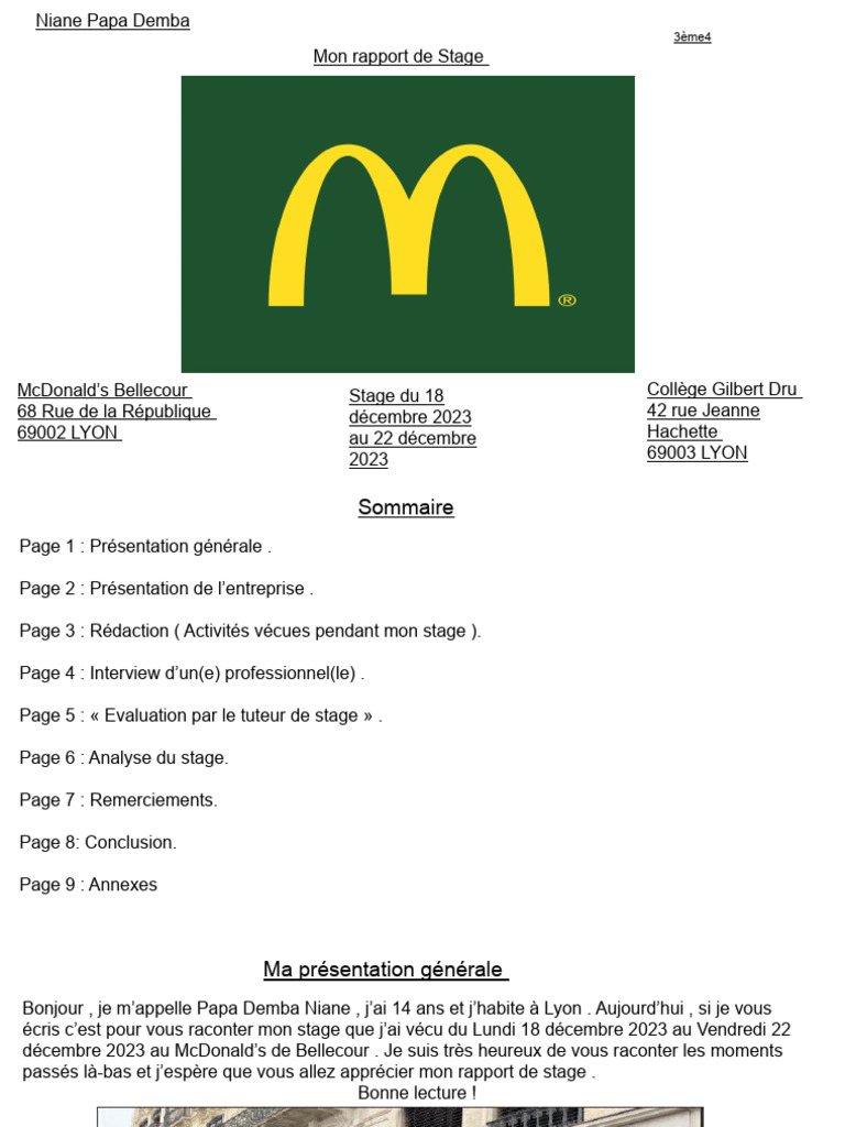 Rapport de Stage Final | PDF | Restauration rapide | Nourritures