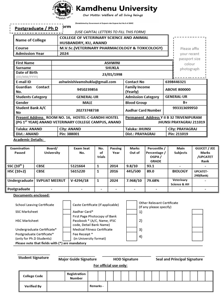 Student Registration Form for M.V.Sc. 2024 | PDF | Educational Stages ...
