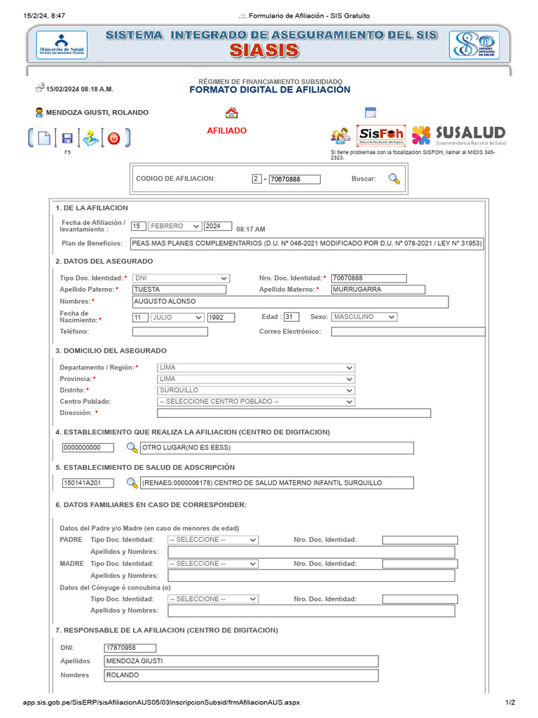 Formulario de Afiliación - SIS Gratuito | PDF | Gobierno y personalidad