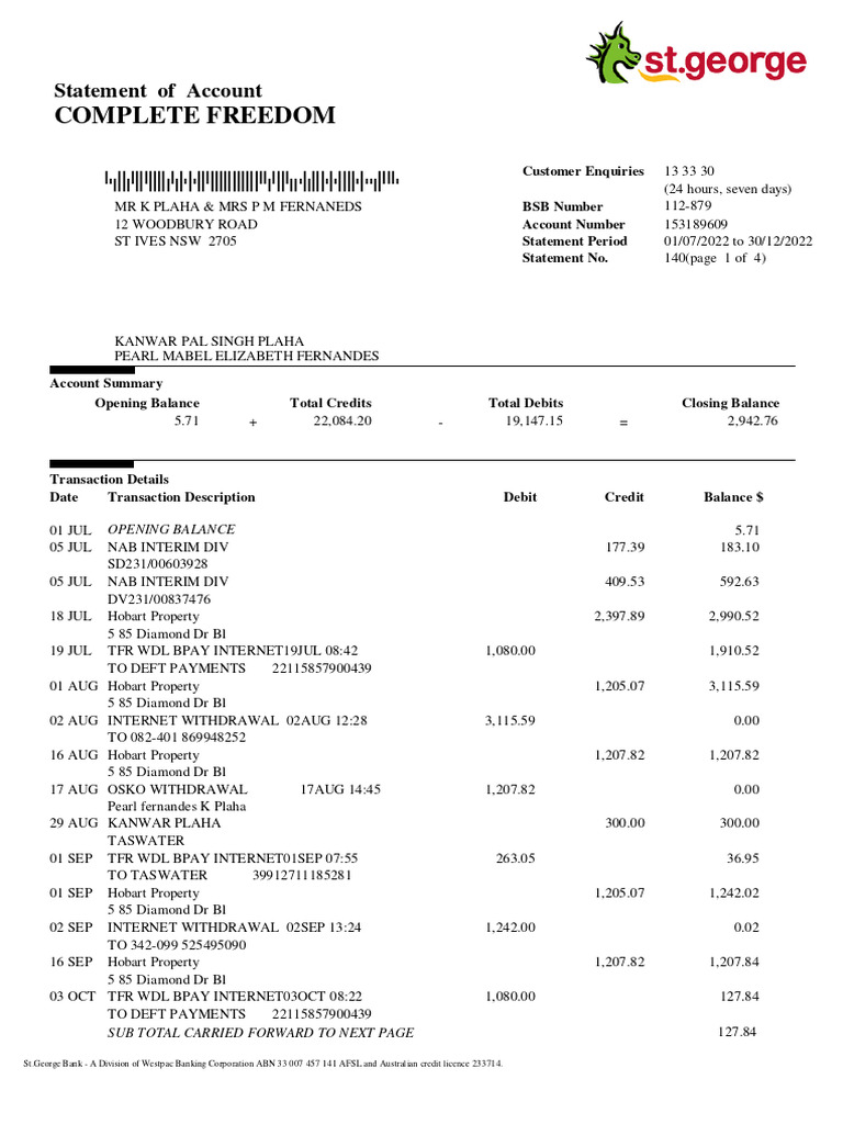 St.George Bank Account Statement | PDF | Debit Card | Service Industries