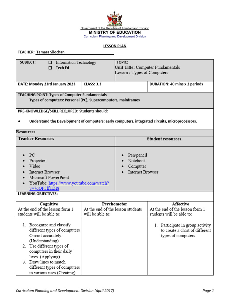Types of Computers Lesson Plan | PDF | Microcomputers | Worksheet Types of Computers Lesson Plan | PDF | Microcomputers | Worksheet