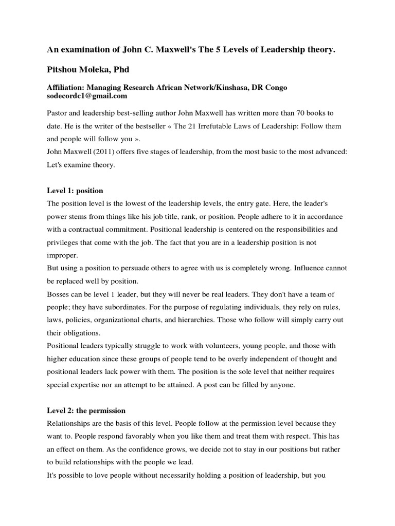 An examination of John C. Maxwell's The 5 Levels of Leadership theory ...