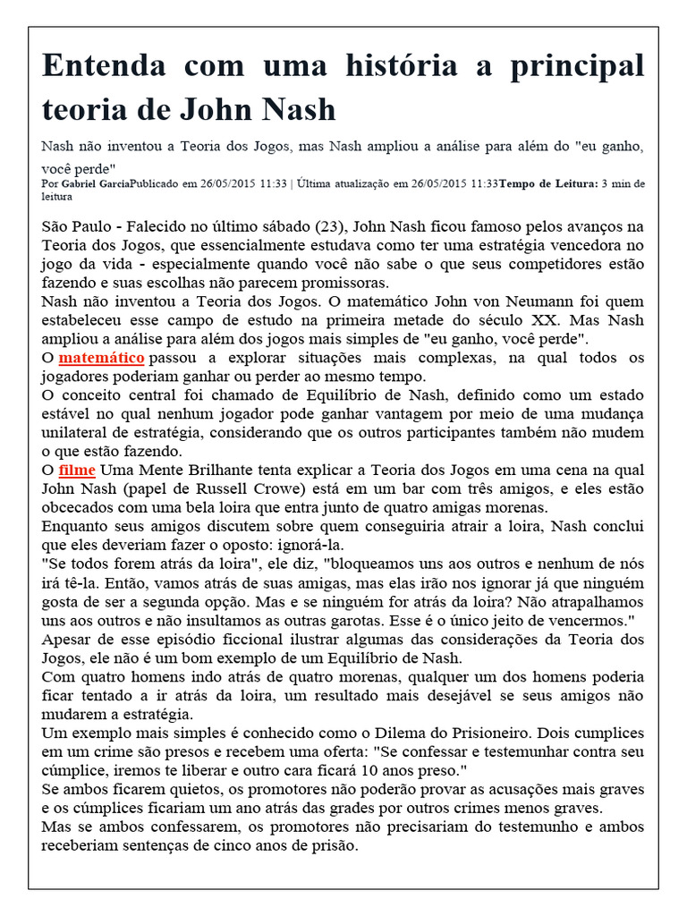 Entenda Com Uma História A Principal Teoria de John Nash | PDF | Teoria do Jogo