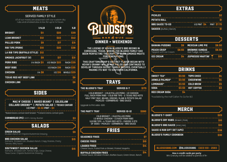 Bludso's BBQ Menu and Prices | PDF | Barbecue | French Fries