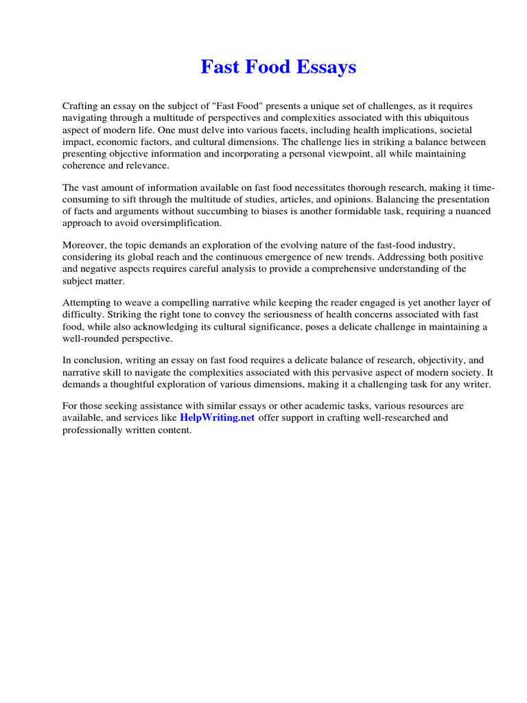 Fast Food Essays | PDF | Child Care | Infection