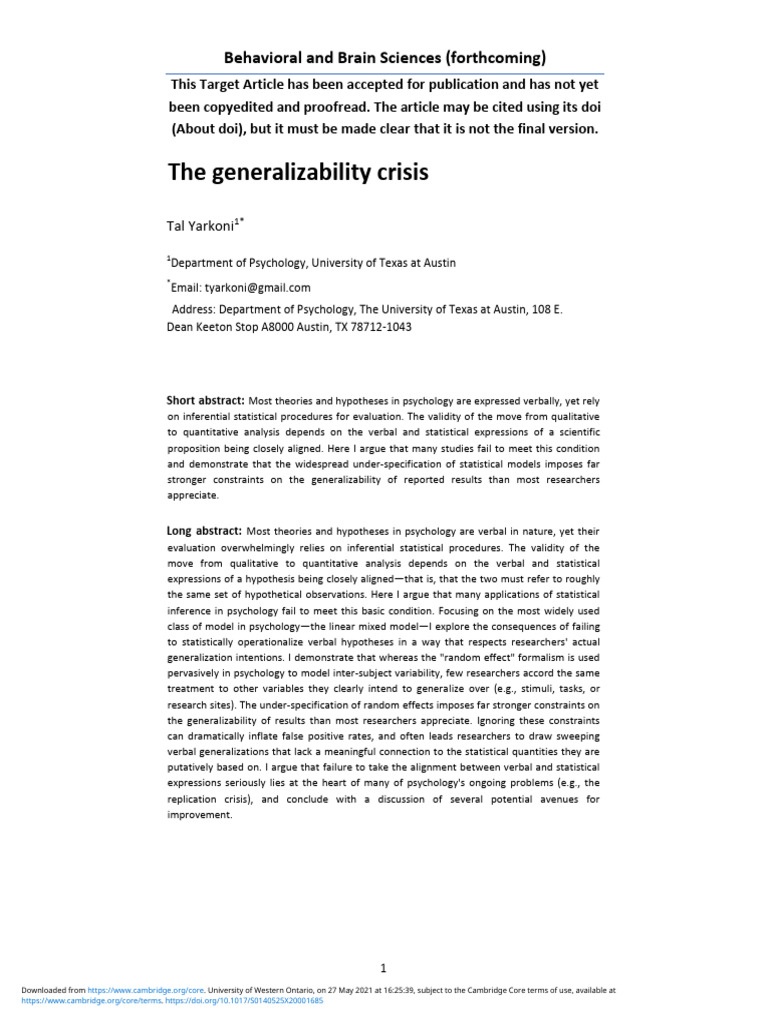 Yarkoni 2020 | PDF | Statistics | Statistical Inference