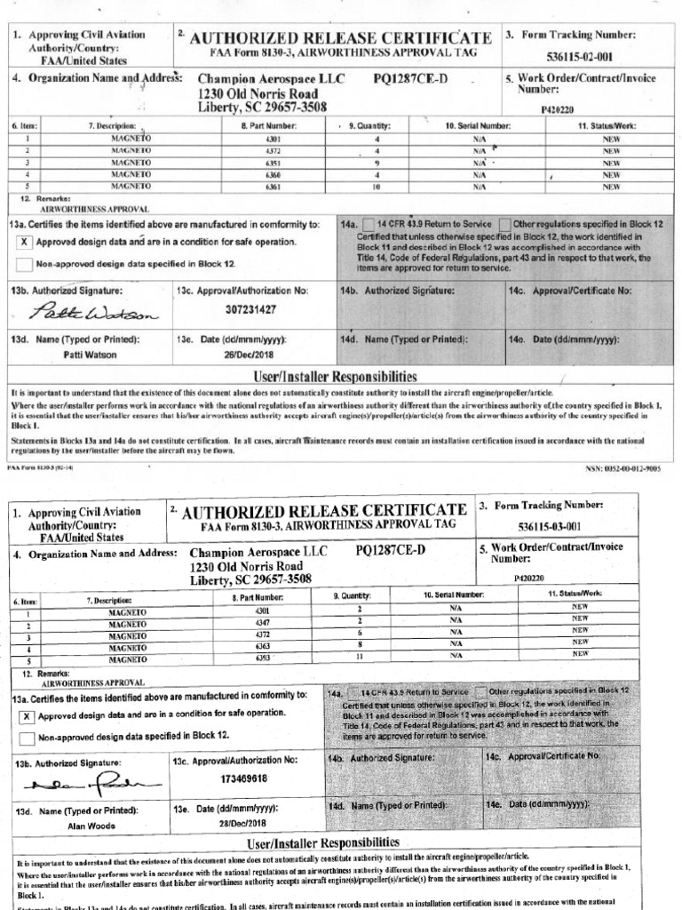 FORM 8130 Magneto | PDF