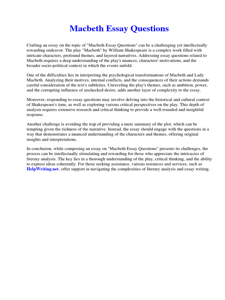 Macbeth Essay Questions | PDF | Diabetes | Standardized Tests