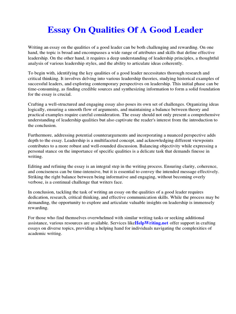 Essay On Qualities of A Good Leader | PDF | Leadership | Liberalism