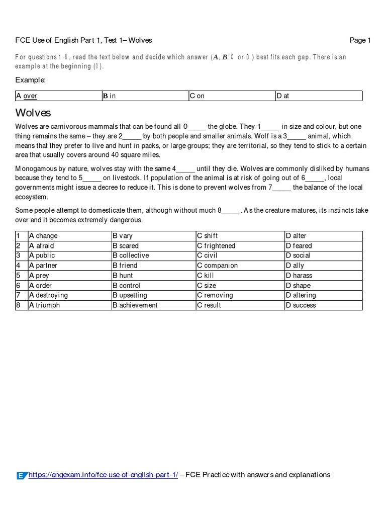 FCE Use of English Part 1, Test 1 - Wolves | PDF | Organisms | Ethology