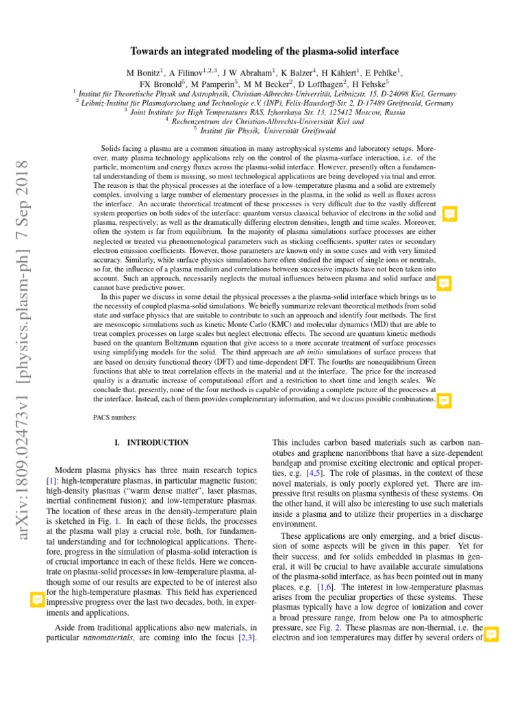Plasma-Solid Interface Modeling | PDF | Plasma (Physics) | Density ...